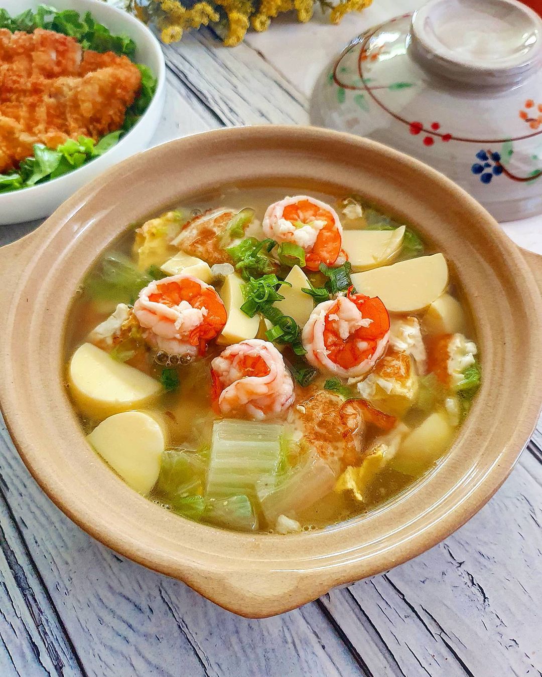 Resep Sup Telur Ceplok Tofu Sawi Dan Udang dari @yscooking
